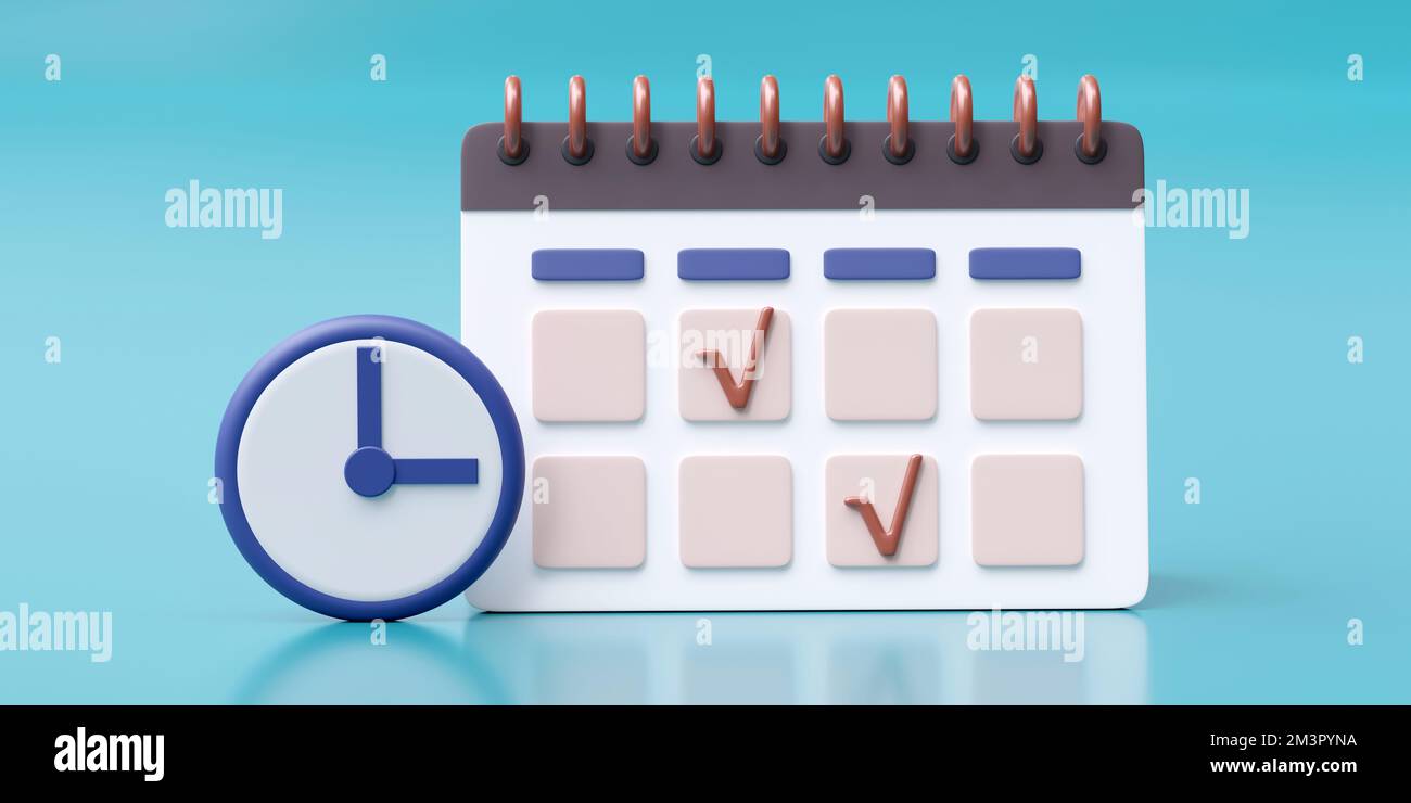 Calendar date check mark and alarm clock. Checklist done. Table ...