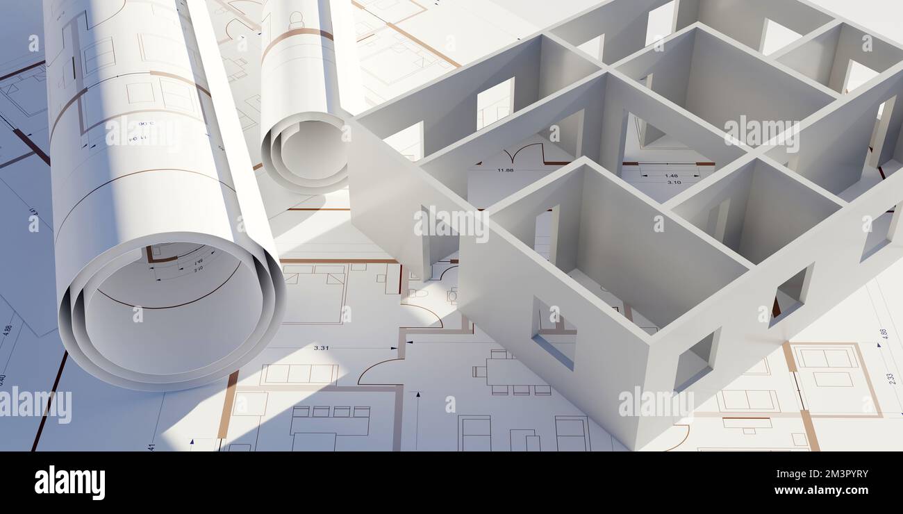 Architecture design drawings, building model on blueprint floor plan ...