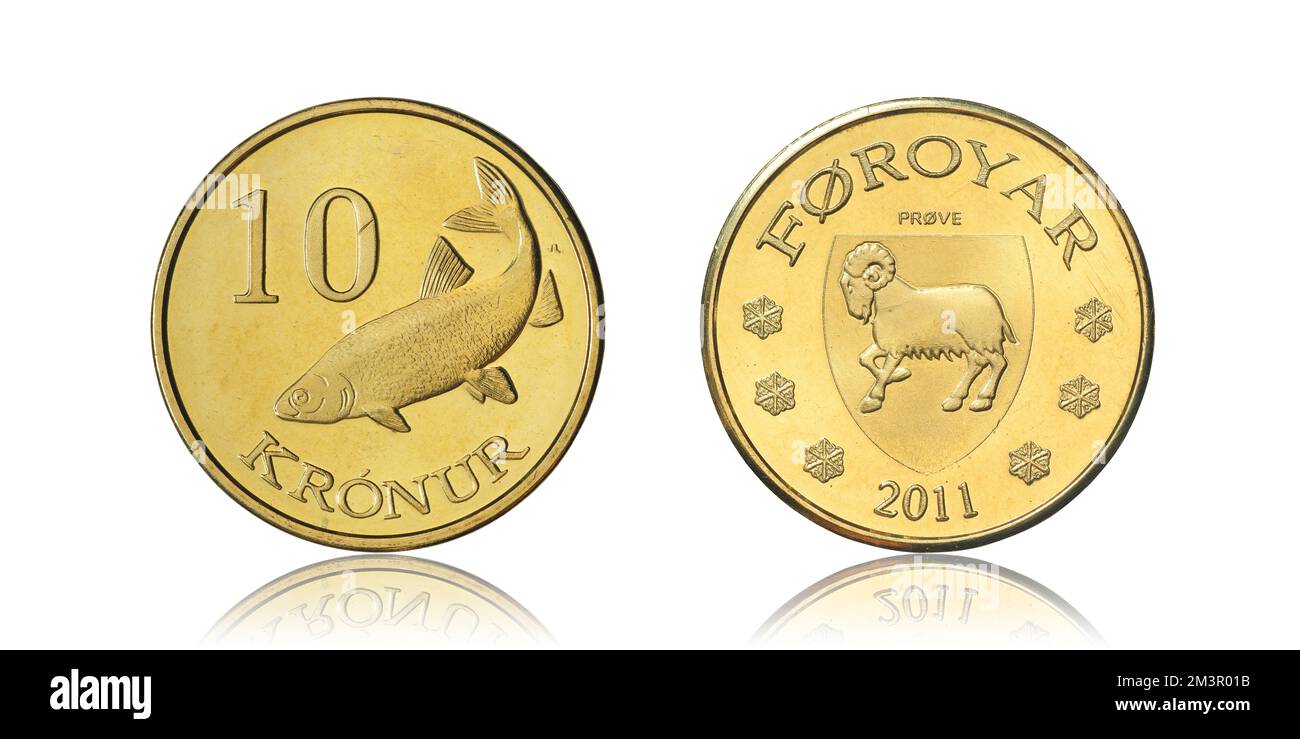 The coin of 10 Kronur Faroe Islands from 2011 on a white background ...