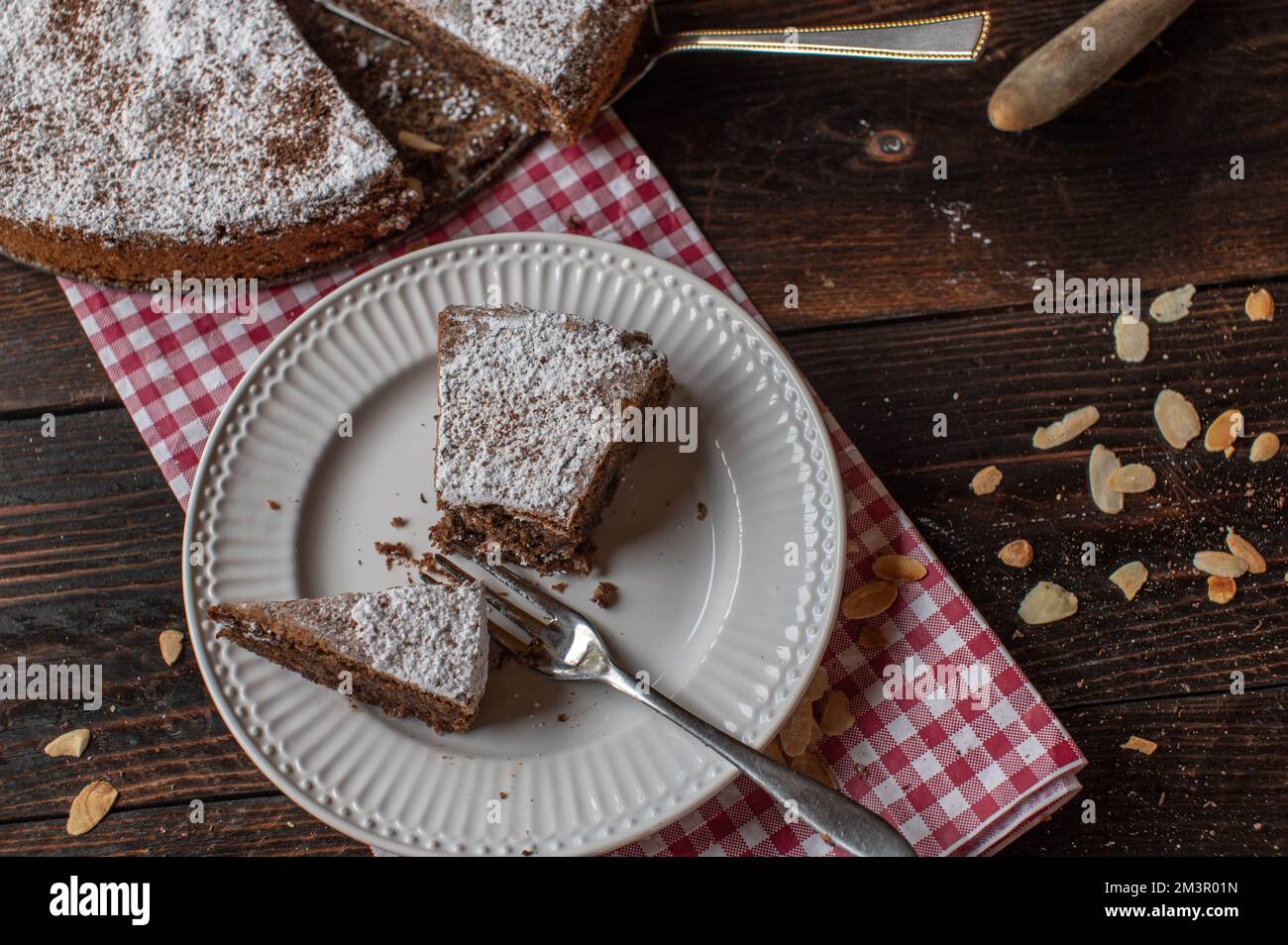 Chocolate almond cake. Traditional italian torta caprese. Baked without ...