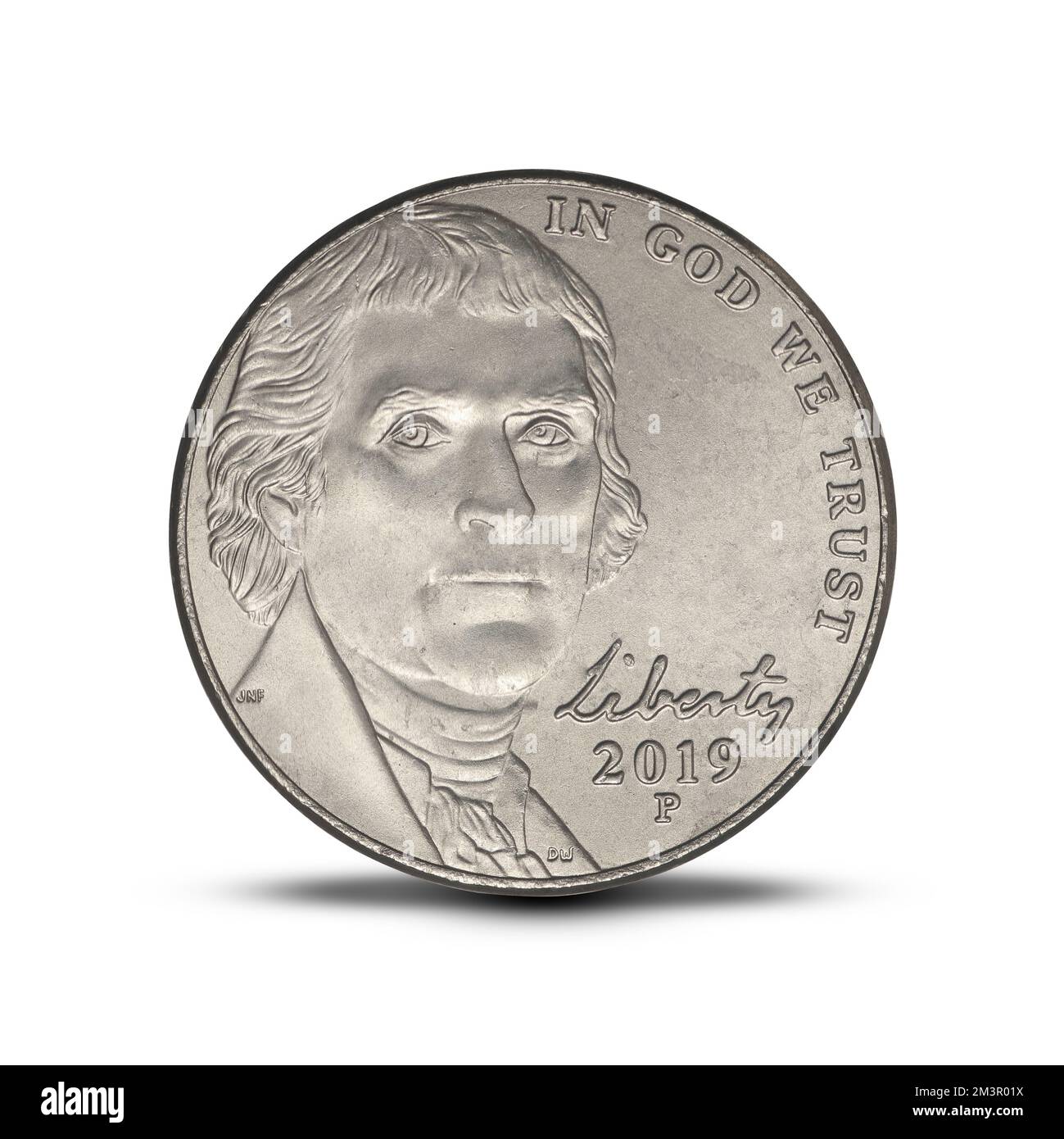 USA 5 cents, 2019 Jefferson Nickel on a white background Stock Photo ...