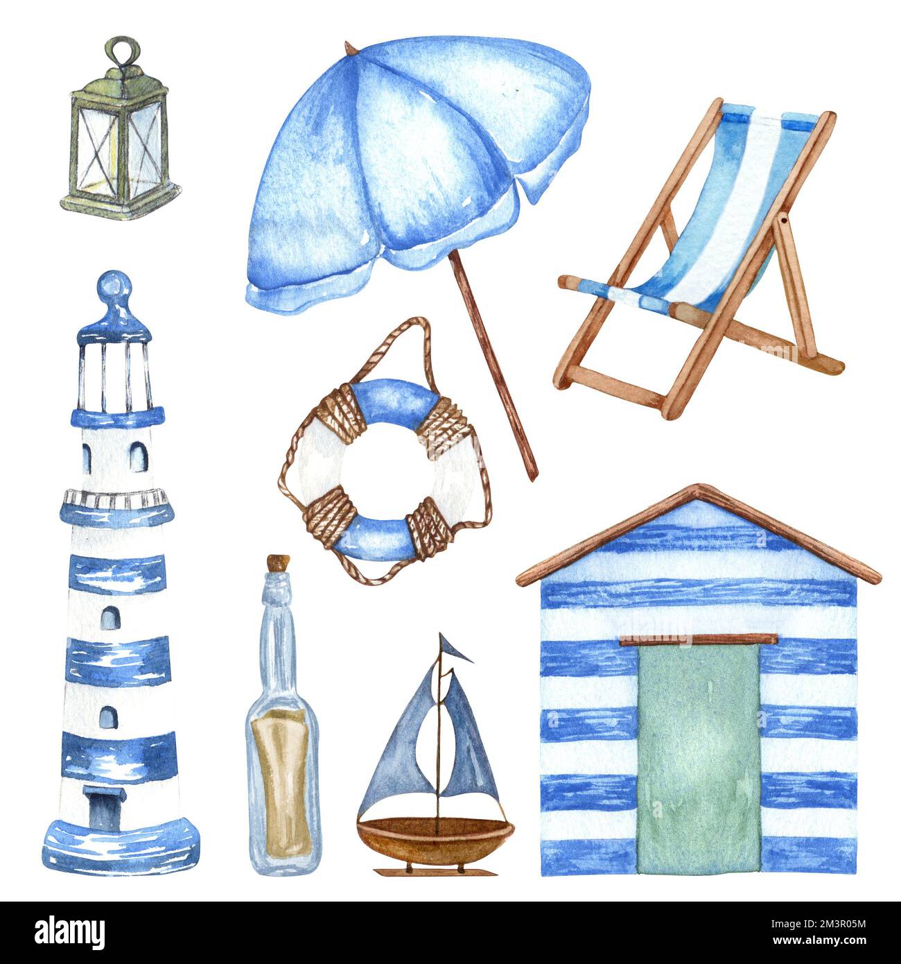 Beautiful nautical set. Watercolor. Include lighthouse, anchor, corals ...