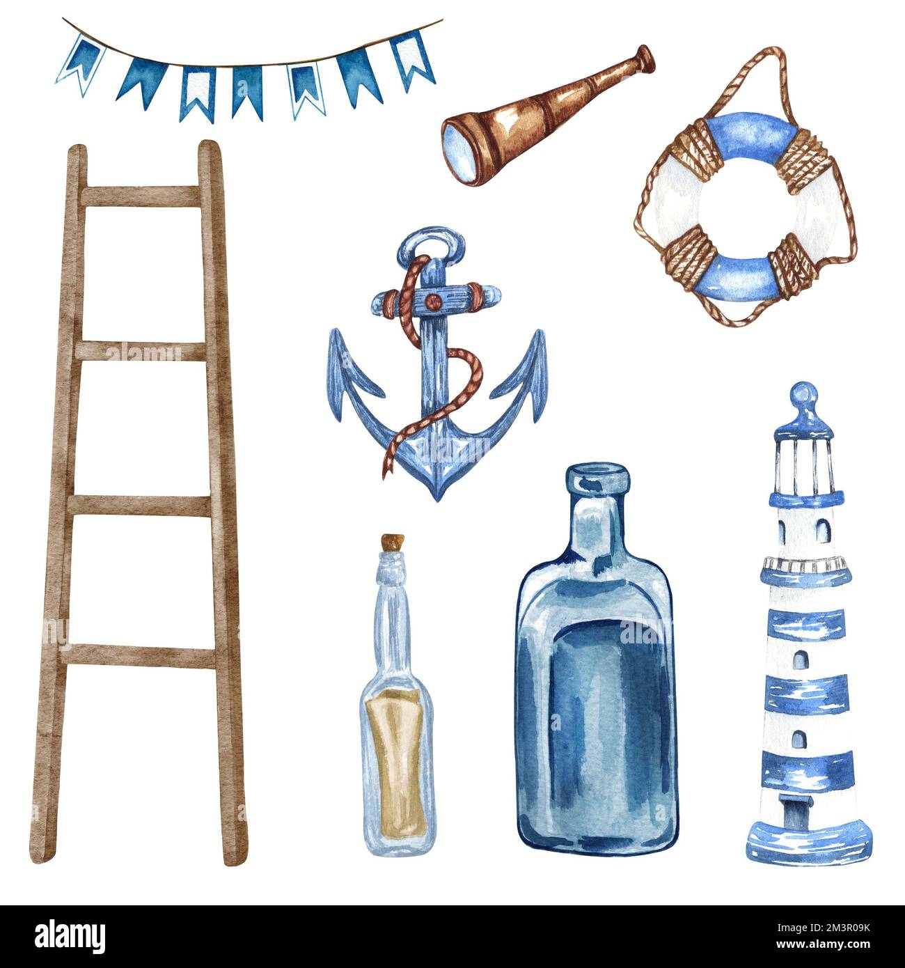 Beautiful nautical set. Watercolor. Include lighthouse, anchor, corals ...