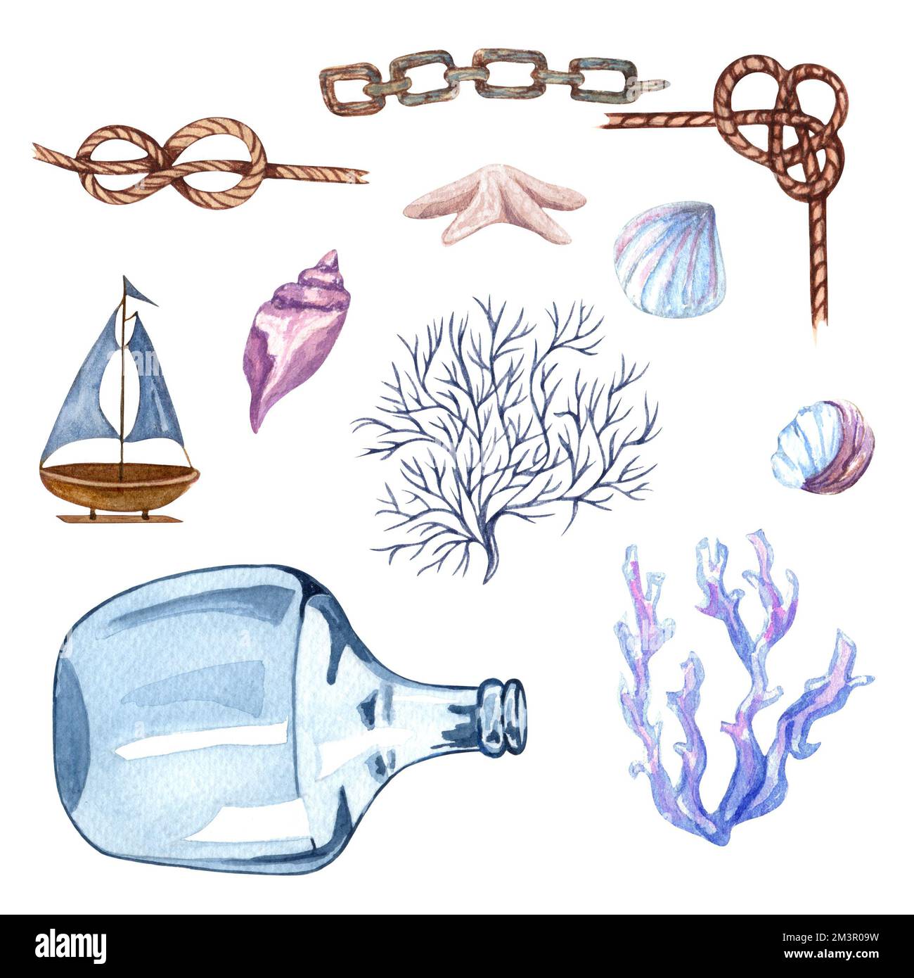 Beautiful nautical set. Watercolor. Include lighthouse, anchor, corals ...