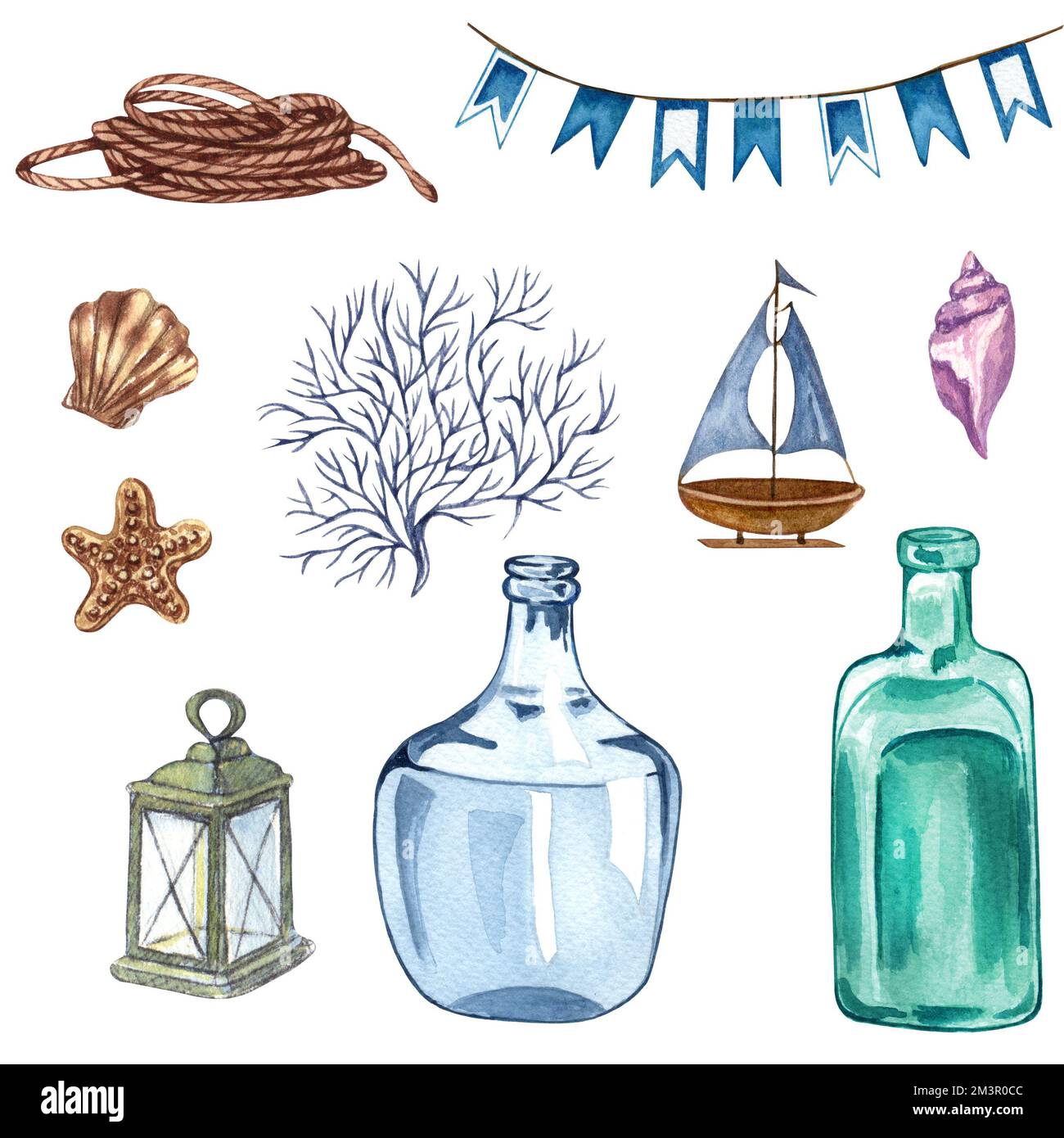 Beautiful nautical set. Watercolor. Include lighthouse, anchor, corals ...