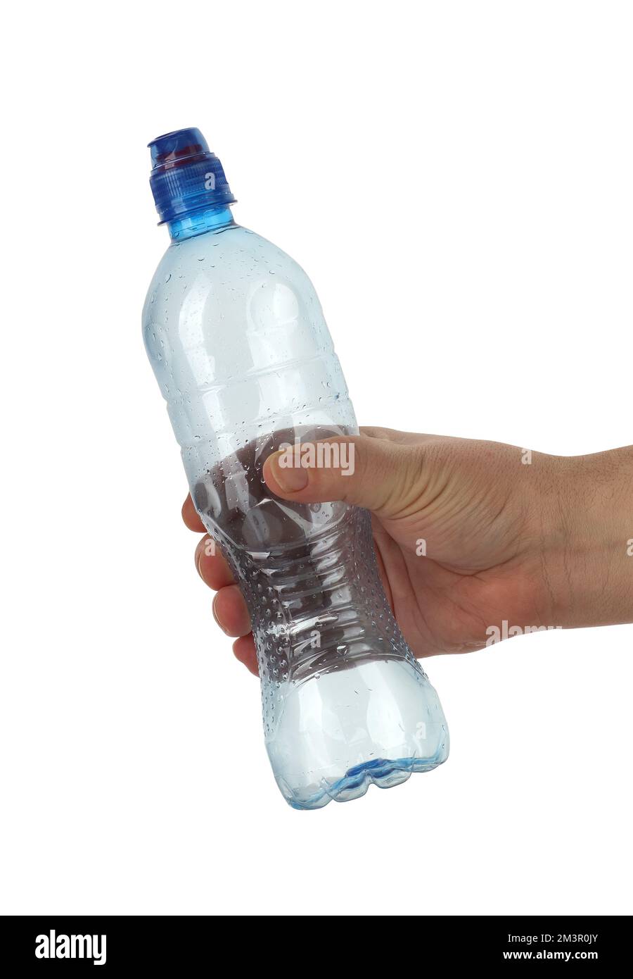 empty plastic bottle held in a hand on a white background Stock Photo ...