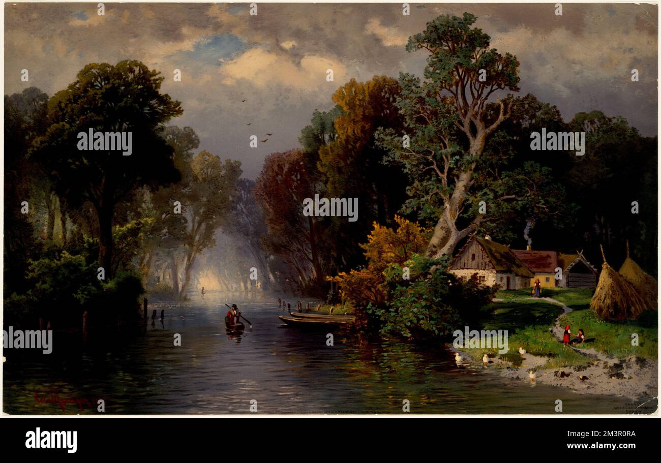 Romantic river scene , Rivers, Trees, Houses. Louis Prang & Company ...