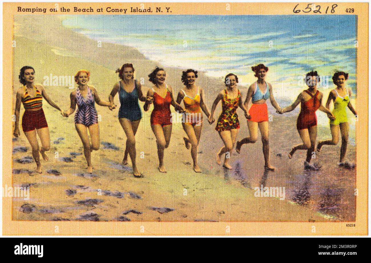 Romping on the beach at Coney Island, N. Y. , Beaches, Tichnor Brothers ...