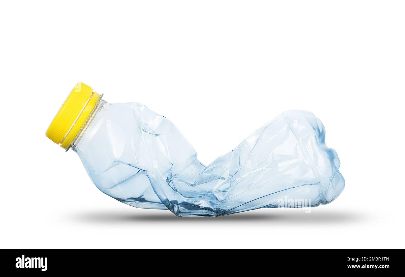 plastic crushed bottle in horizontal frame on white background Stock ...
