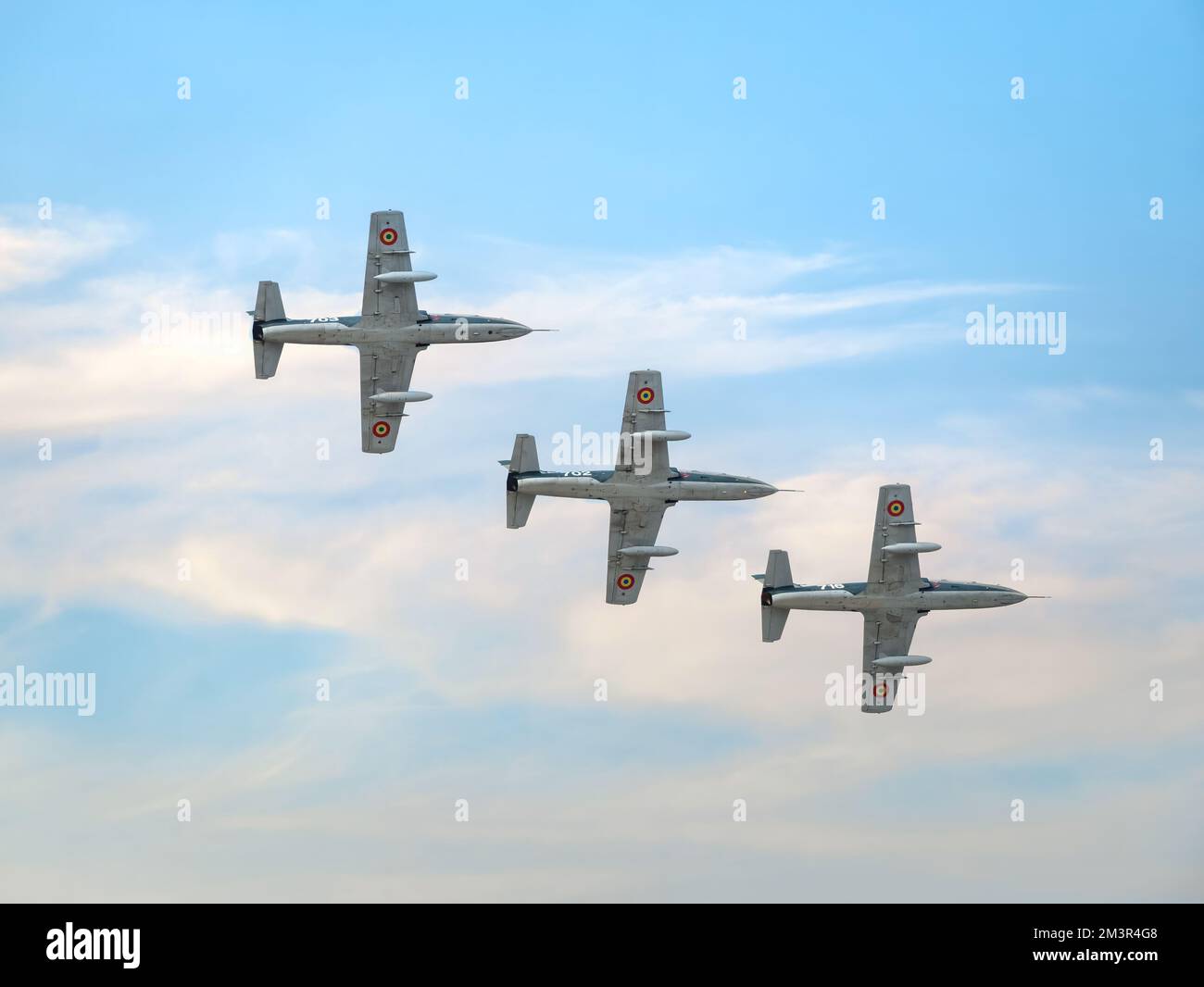 Three IAR 99 Șoim (Hawk) light attack aircrafts aviation demonstration ...