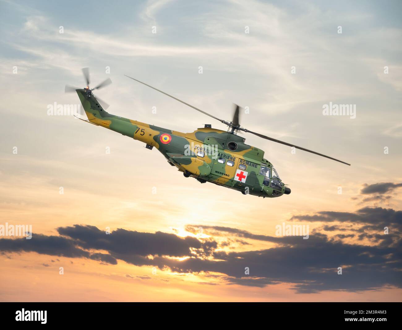 Romanian Air Force military and utility IAR 330 helicopter against the ...