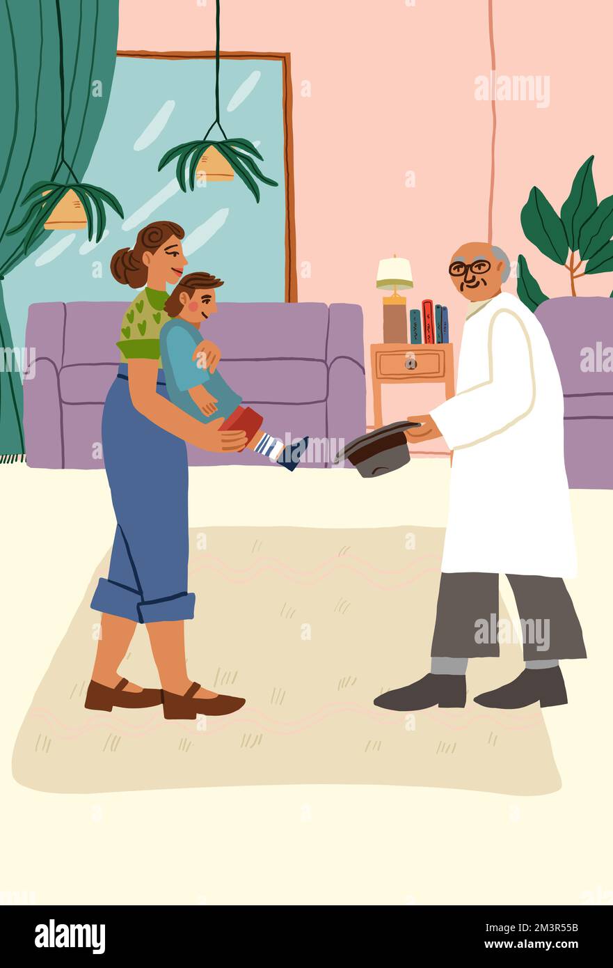 Family doctor coming to visit sick child at home. Pediatrician from ...