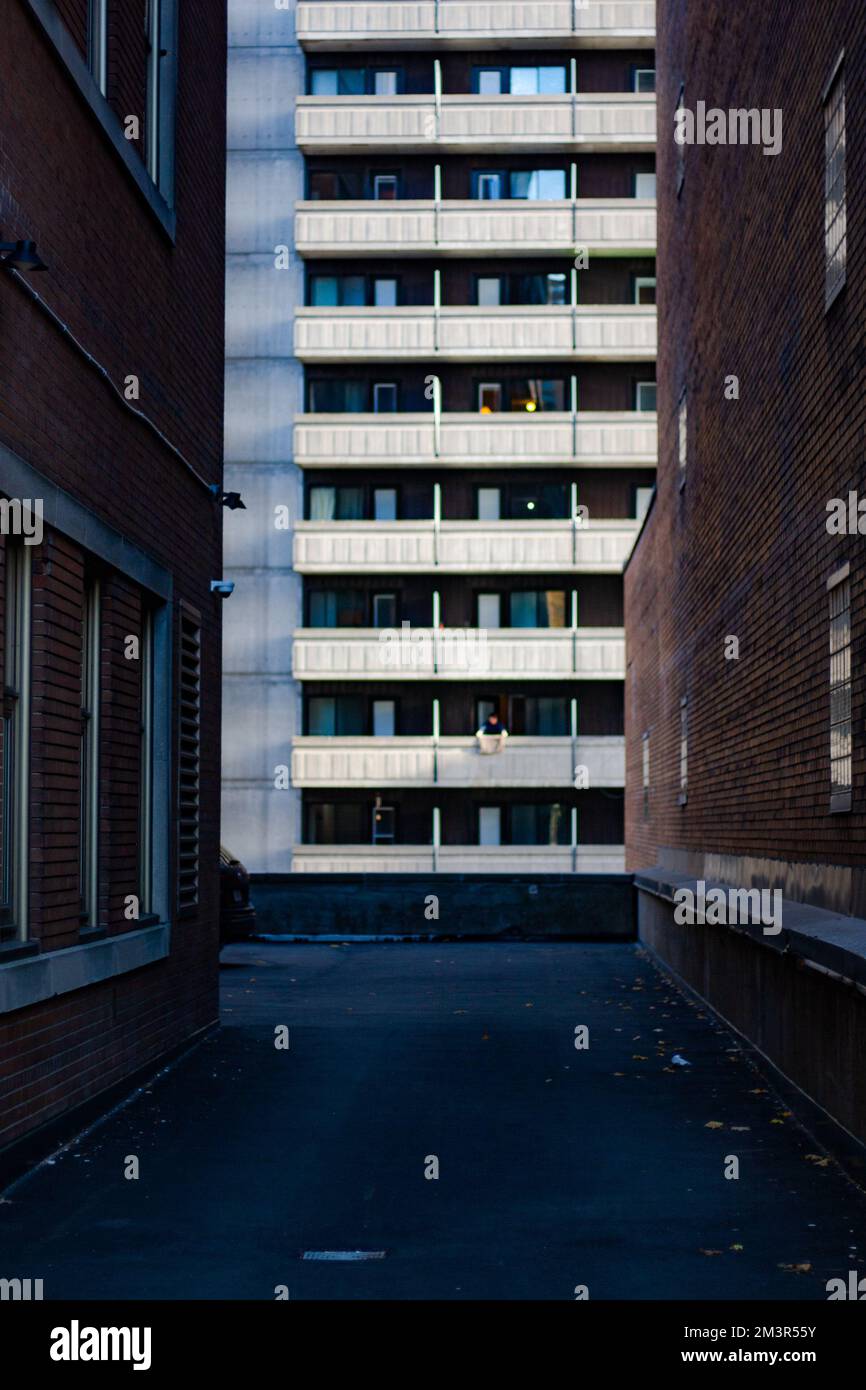 A vertical shot of the street between the modern buildings Stock Photo ...