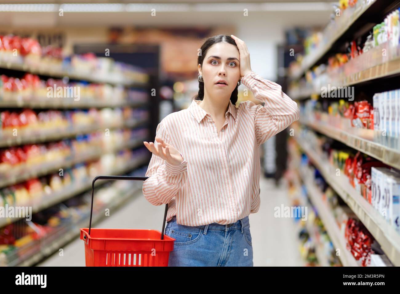 High price and inflation. Portrait of young shocked caucasian woman ...