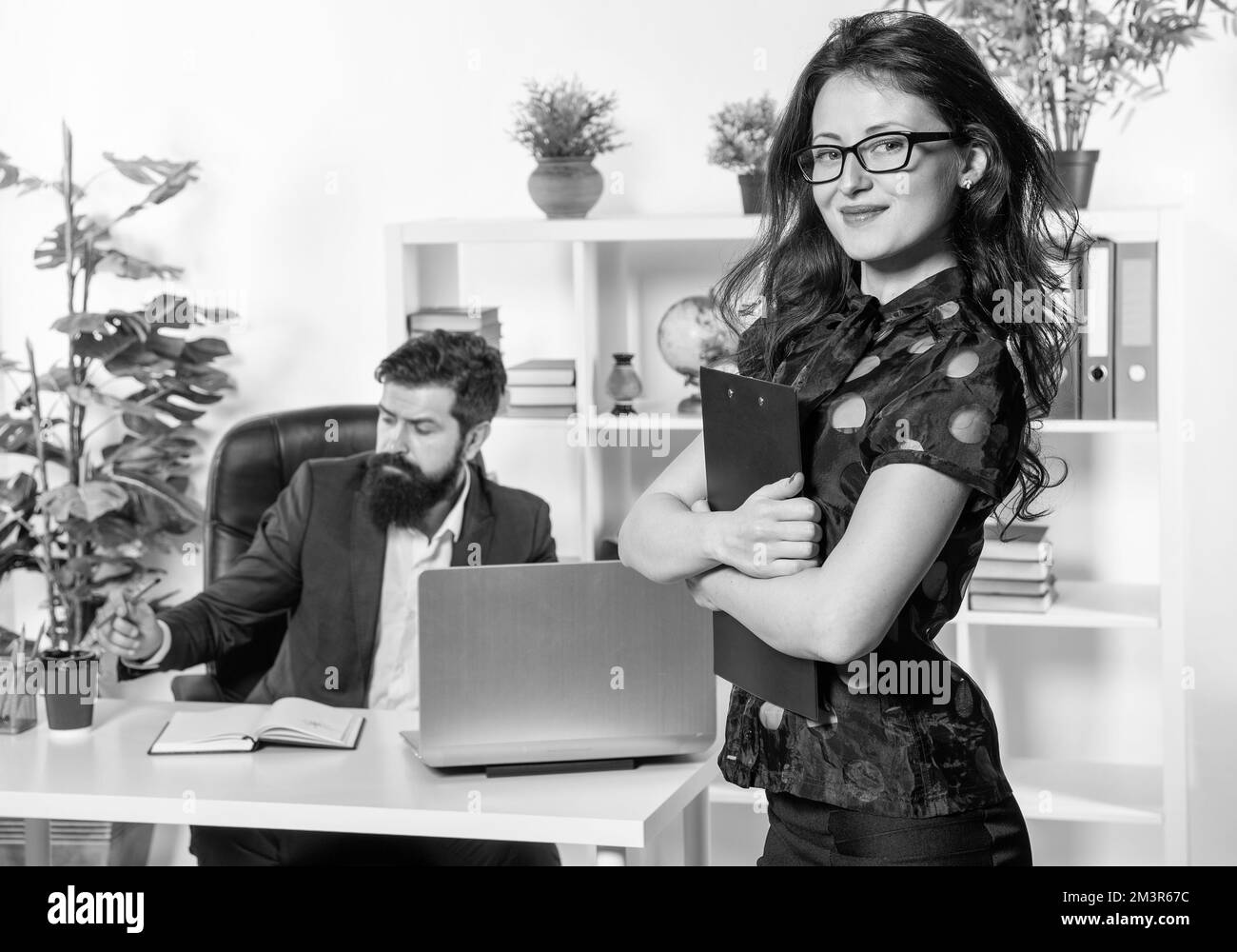 Happy career girl professional employee in formalwear stand in office ...