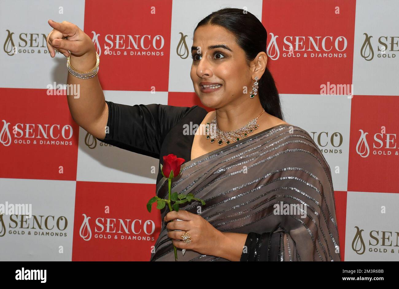 Bollywood actress Vidya Balan gestures during the launch of a gold and ...