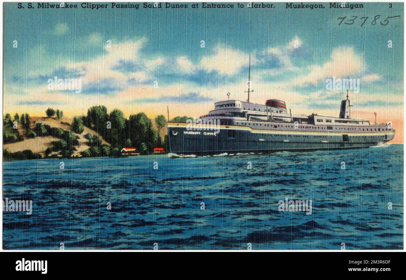 S. S. Milwaukee Clipper passing sand dunes at entrance to harbor ...