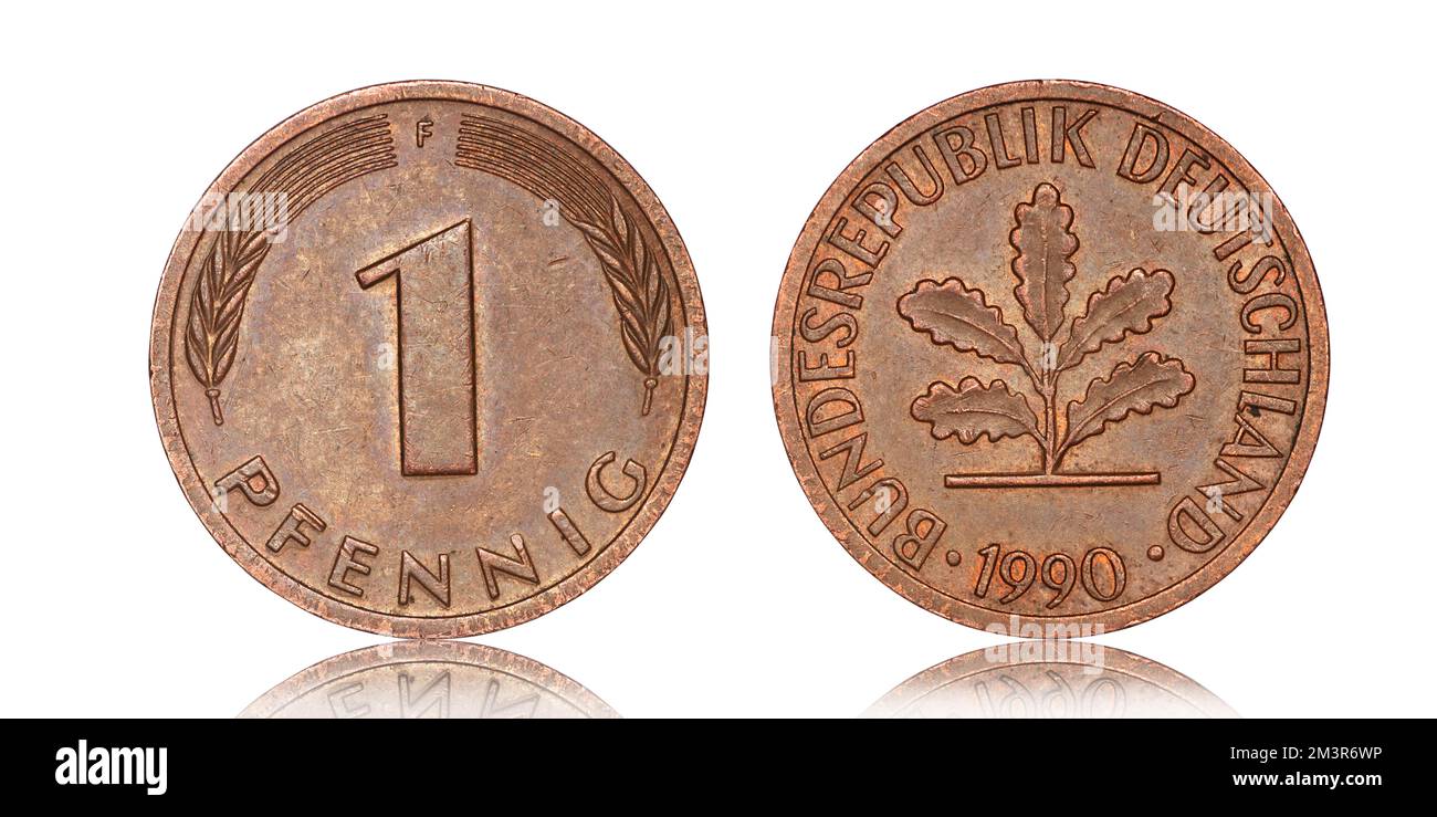 German one pfennig coin from 1990 on a white background Stock Photo - Alamy