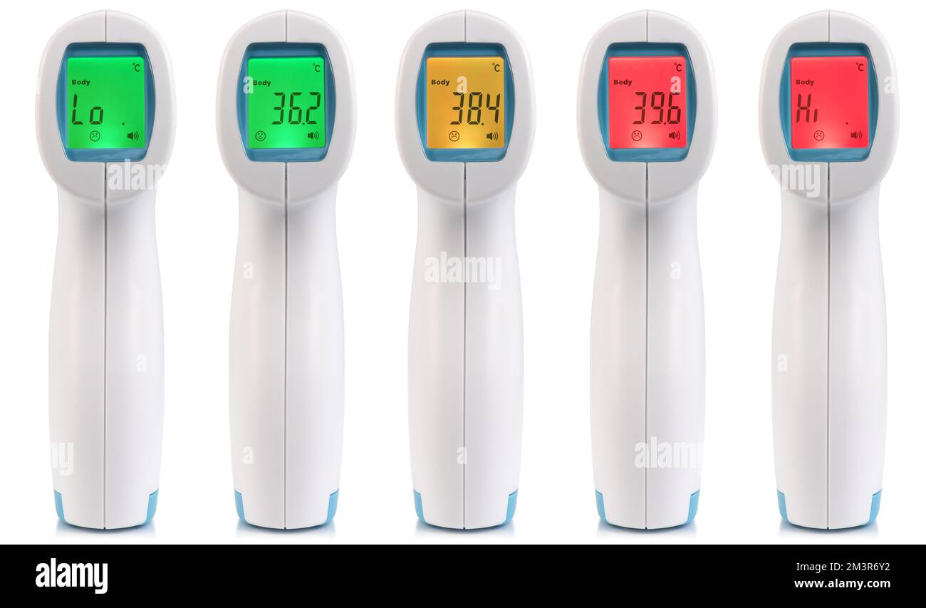 A closeup view of a non-contact medical infrared thermometer showing ...