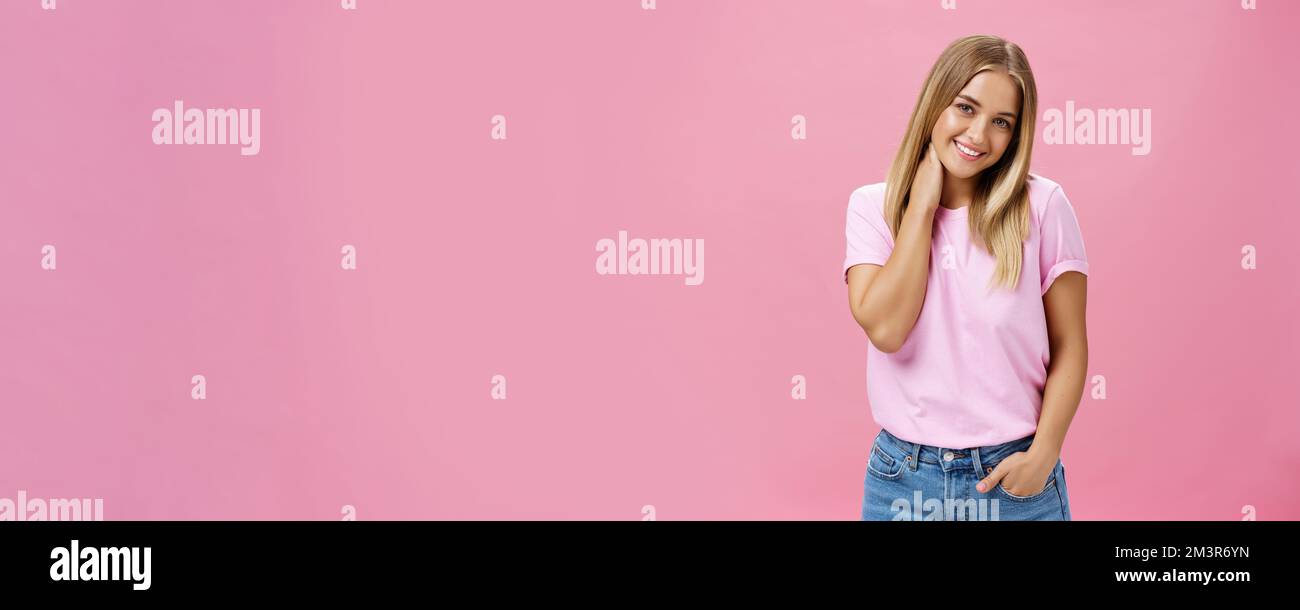 Portrait of shy and timid attractive european woman with fair hair in ...