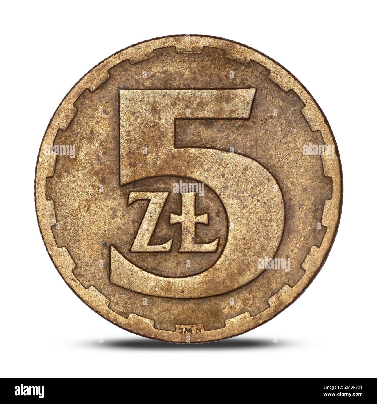 Polish five zloty coin from 1976 with an eagle on a white background ...
