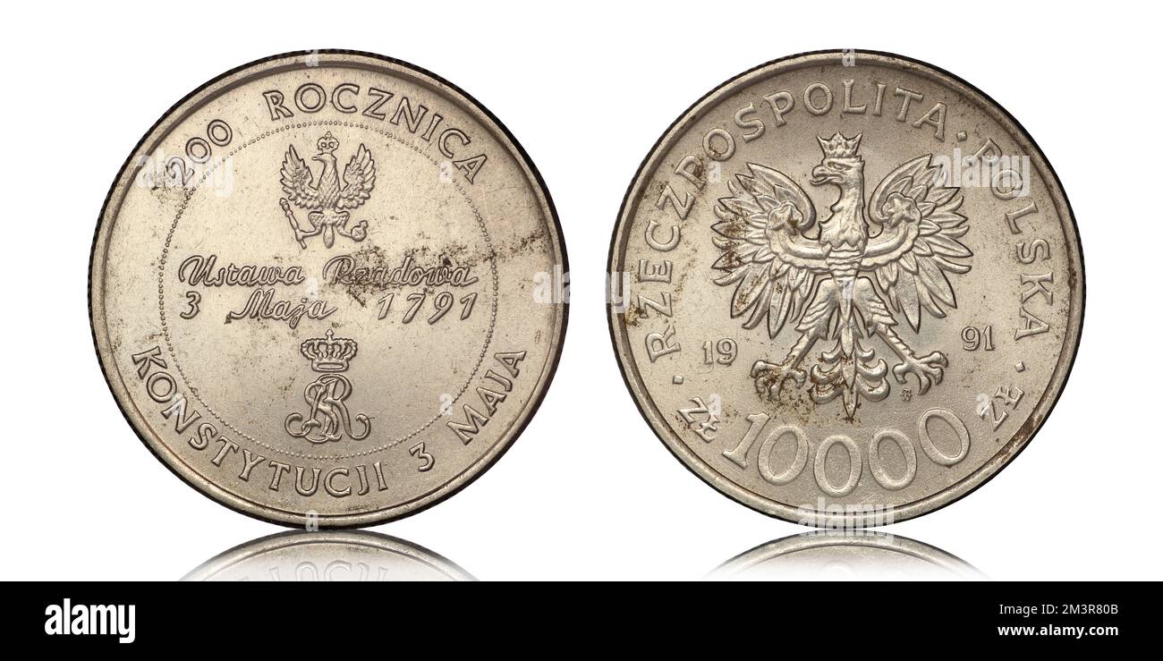 Polish commemorative coin of 1991 passing the constitution on a white ...
