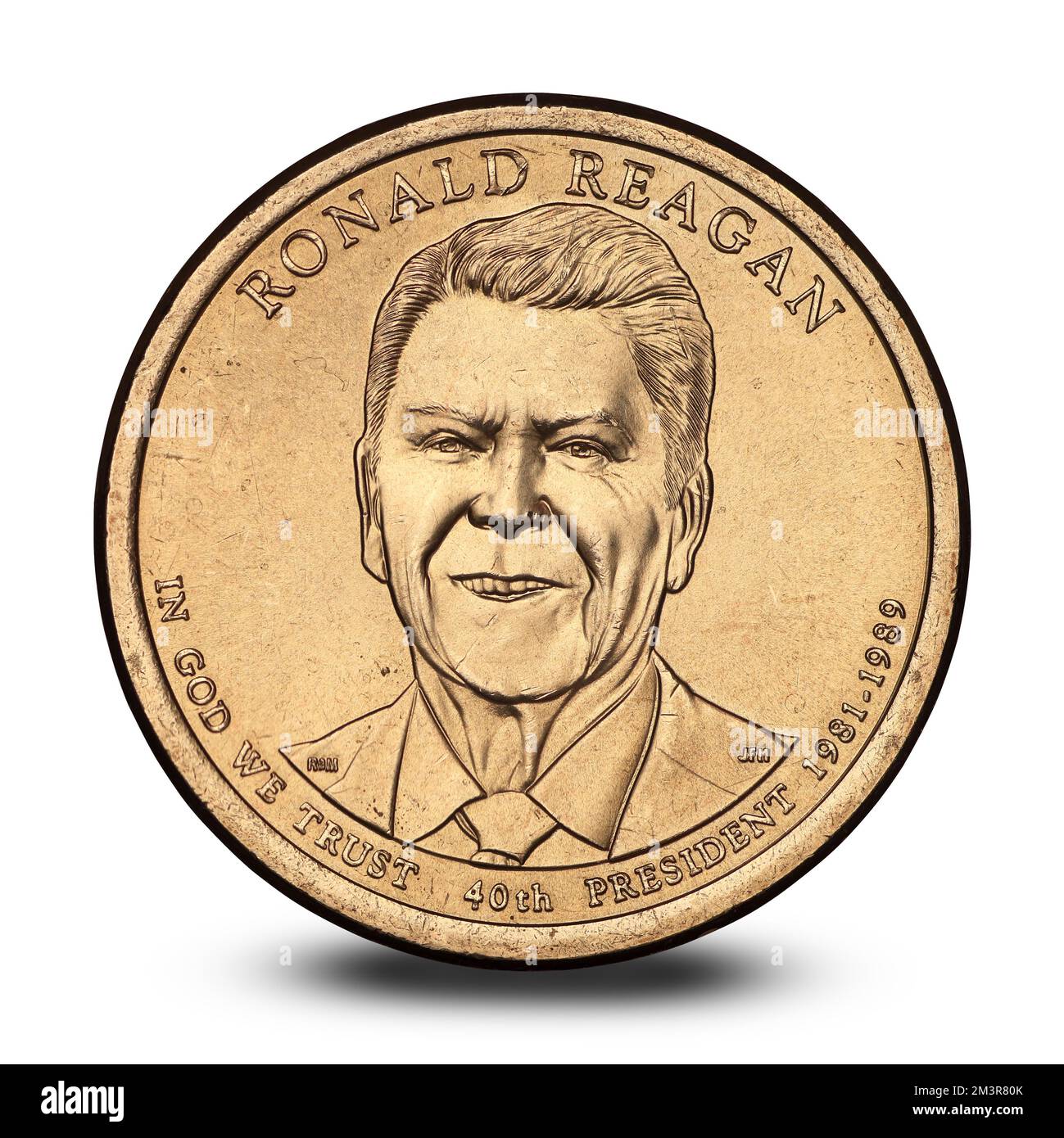 American one dollar coin with Ronald Reagan on white background Stock ...