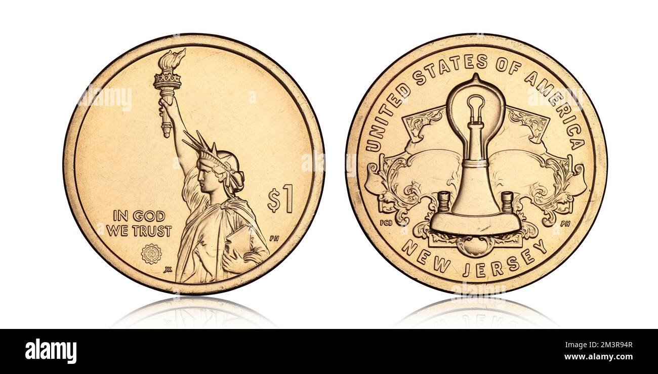 American one dollar coin with the statue of liberty on a white ...
