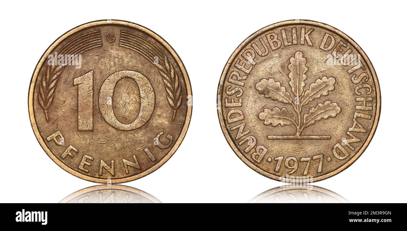 German ten pfennig from 1977 on a white background Stock Photo - Alamy