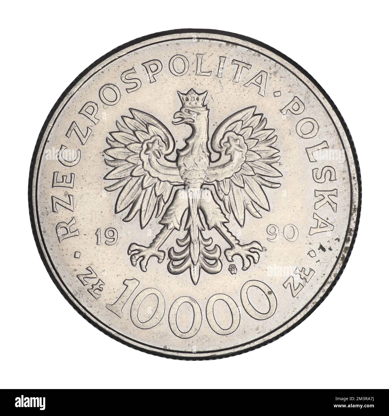 Polish Solidarity Coin Of PLN 10 000 On A White Background Stock Photo