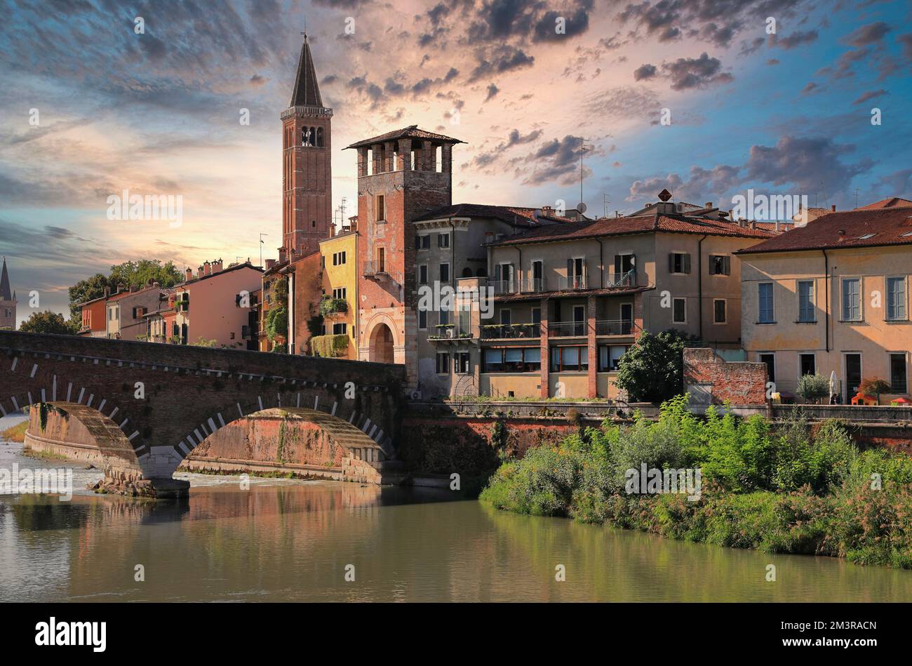 The roman Stone Wall Bridge (Ponte Pietra) over the Adige River. Verona ...