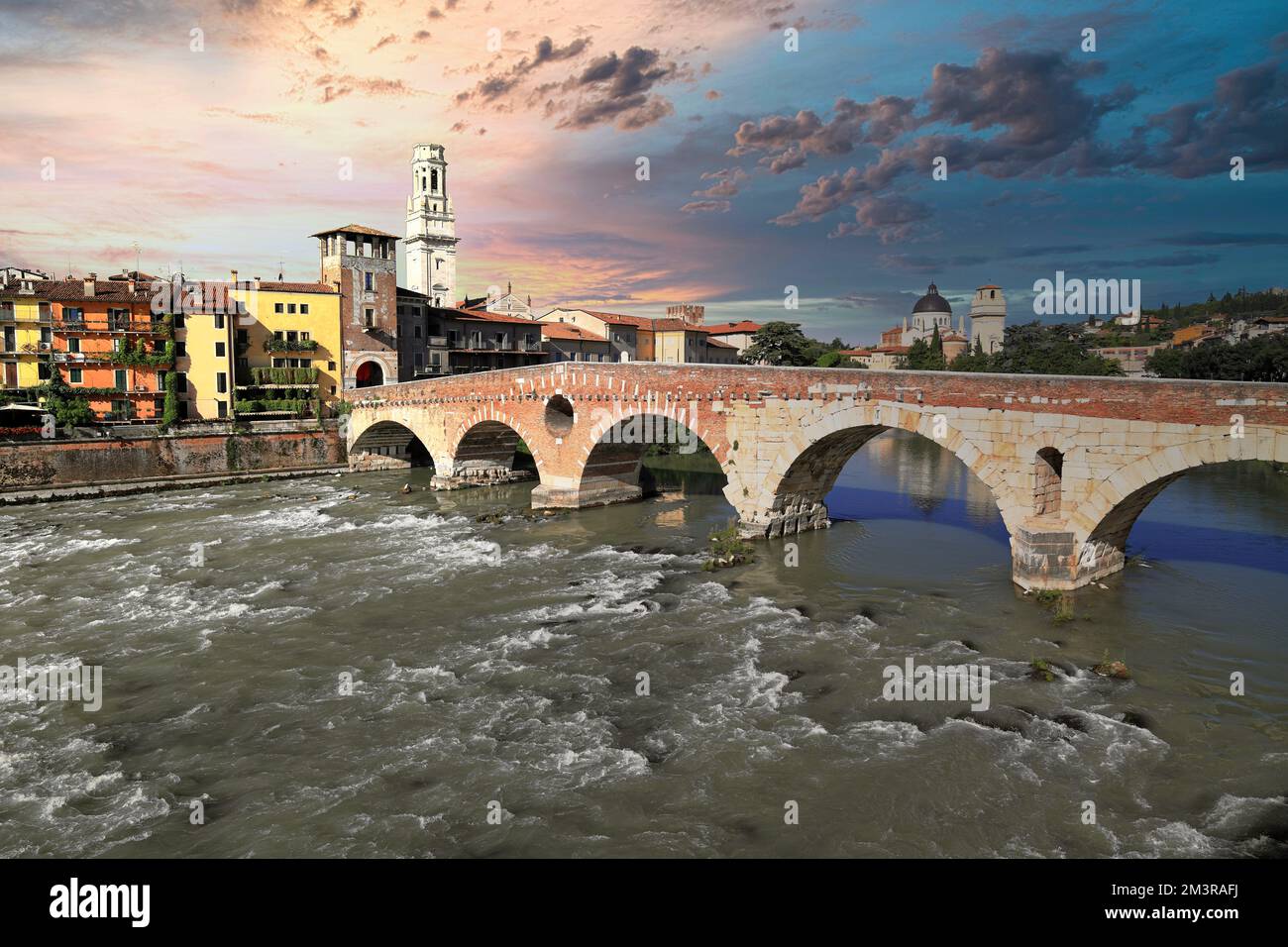 The roman Stone Wall Bridge (Ponte Pietra) over the Adige River. Verona ...