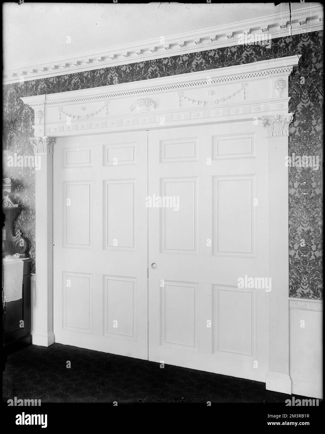 Salem, 128 Essex Street, interior detail, double doors, between dining ...