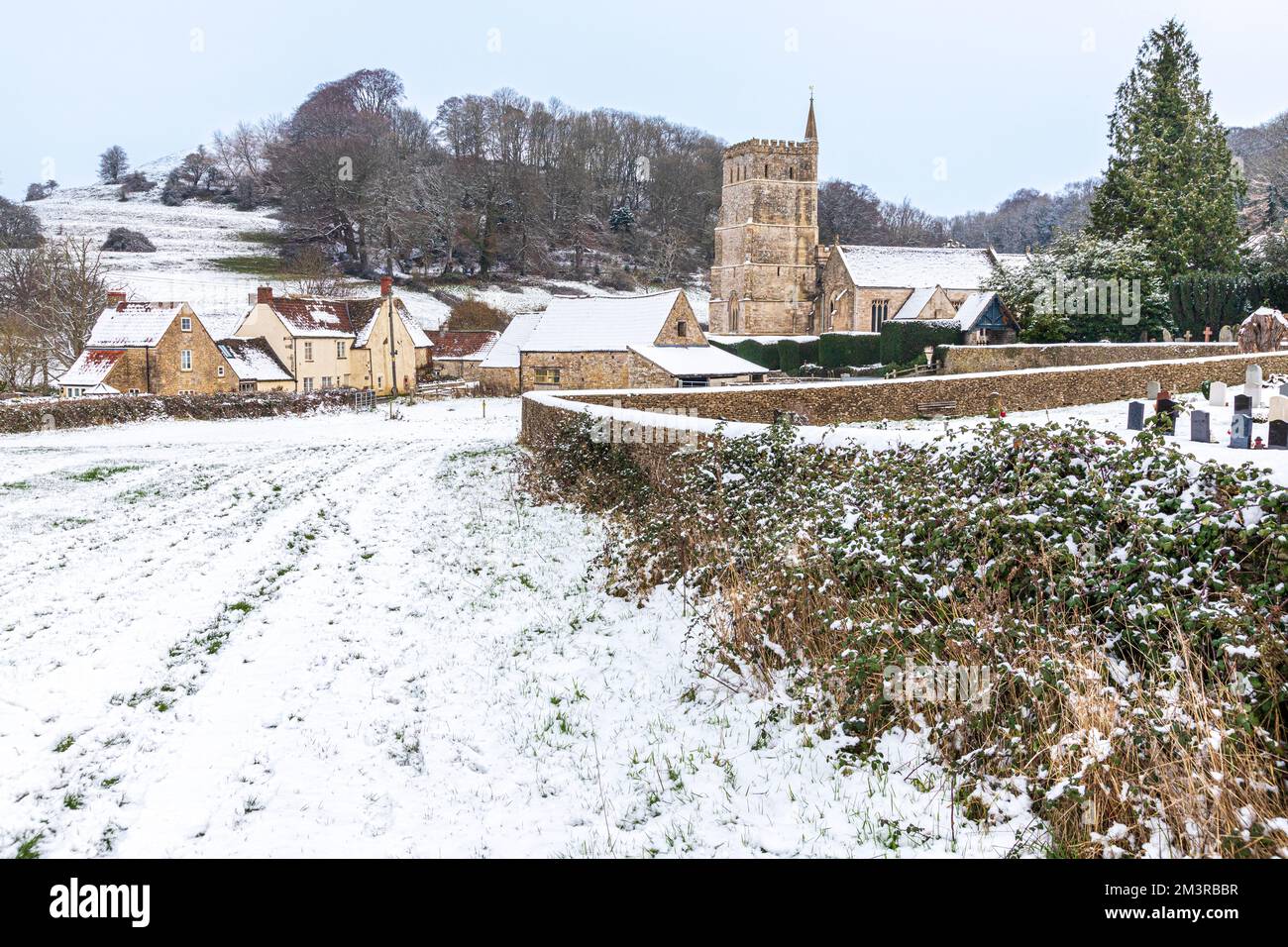Early winter snow in the Cotswold hamlet of Hawkesbury, South ...
