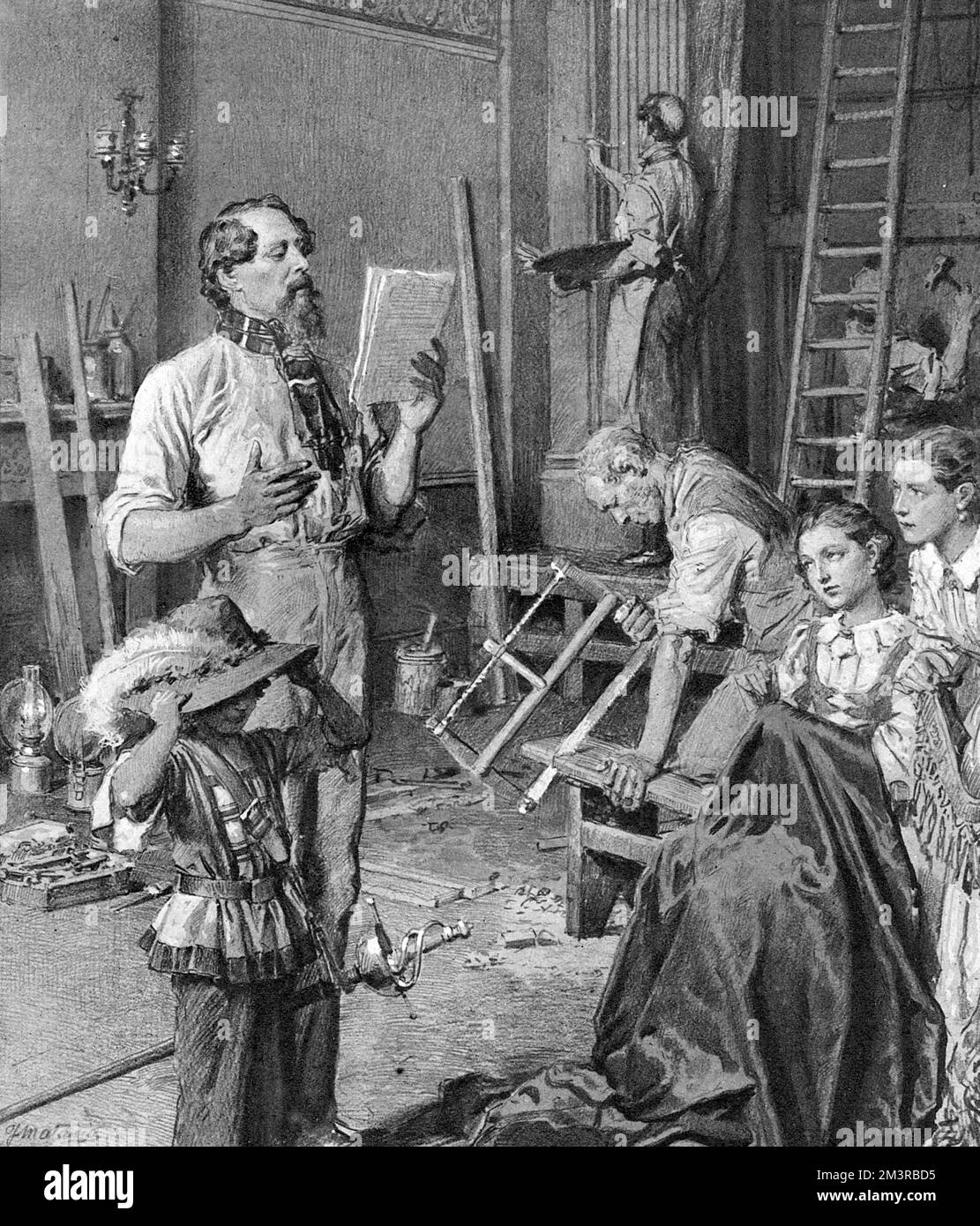 The novelist, Charles Dickens pictured reading from one of his scripts ...