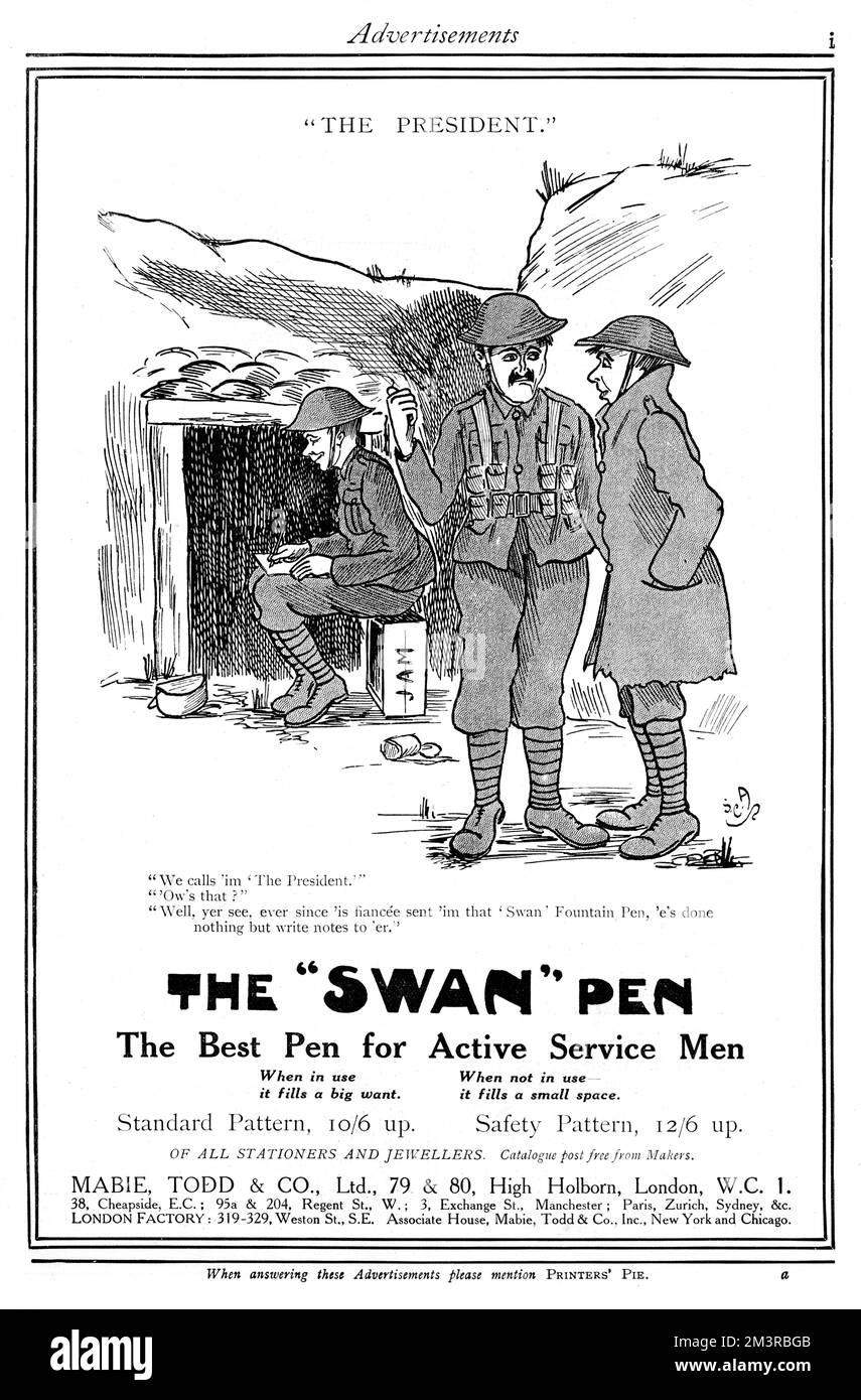 Swan Pen advertisement, WW1 Stock Photo - Alamy