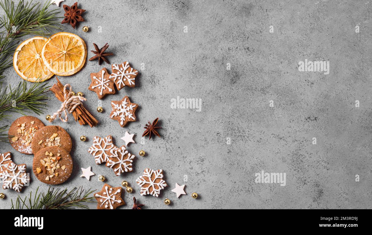 Top view gingerbread cookies with citrus copy space. Resolution and ...