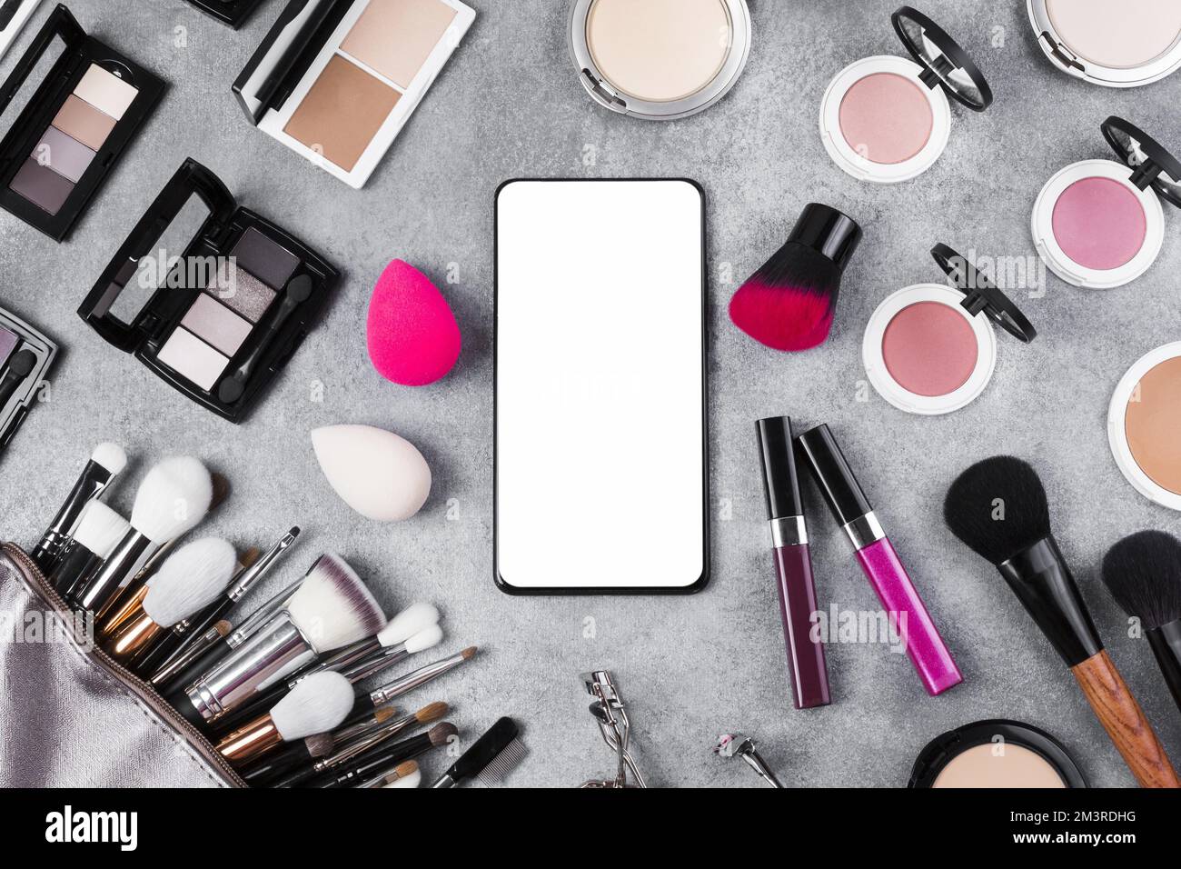 Top view makeup desk concept with copy space. Resolution and high ...