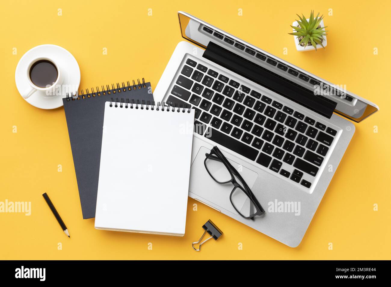 Top view office desk composition with notepad. Resolution and high ...