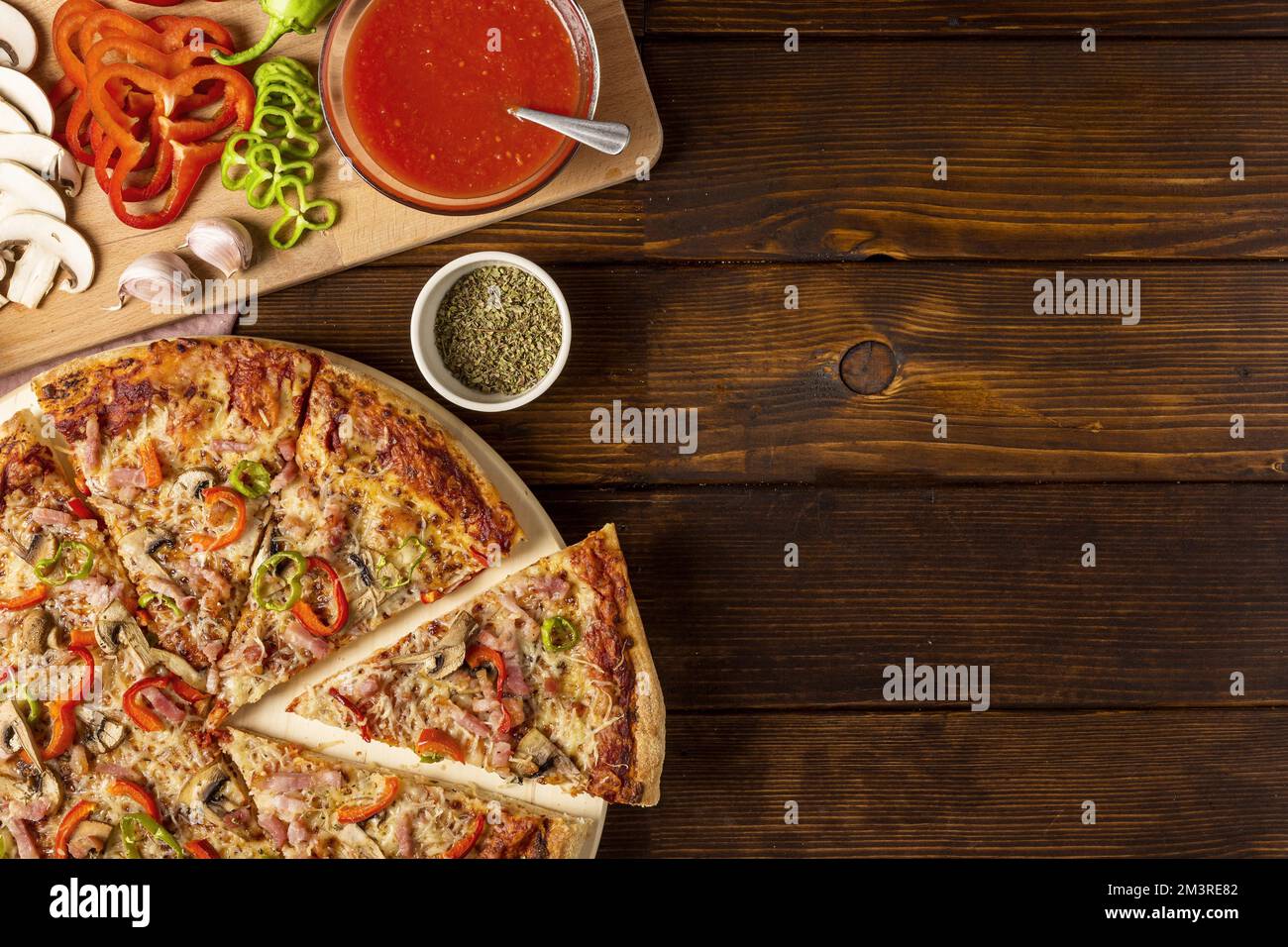 Top view pizza with red pepper tomato sauce with copy space. Resolution ...