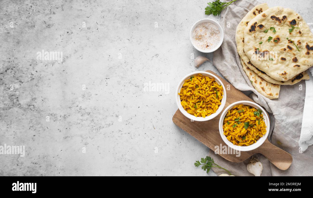 Top view yellow rice pita arrangement. Resolution and high quality ...