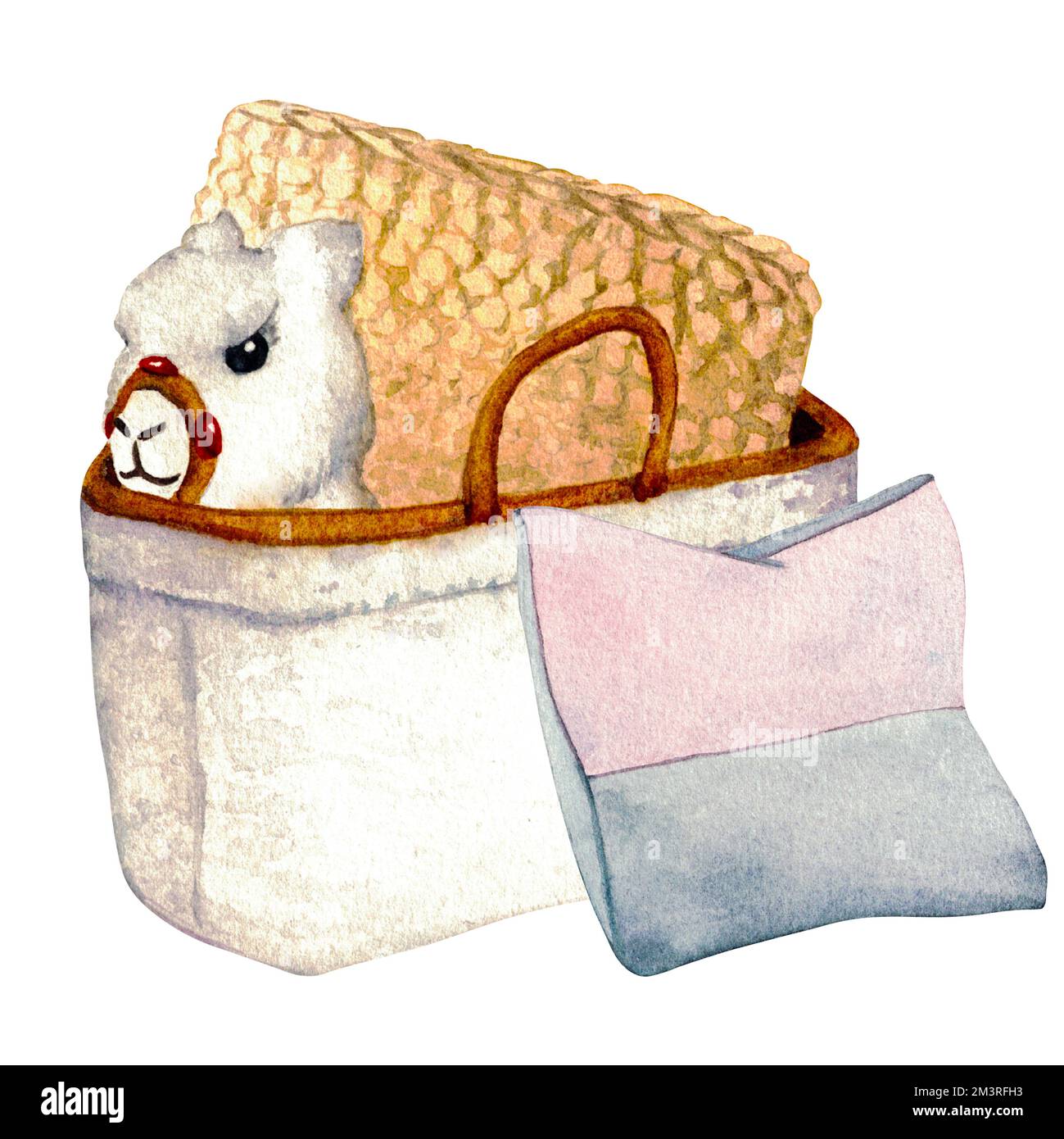 Wicker basket. Toy lama. Wooden shelf with decorative elements ...