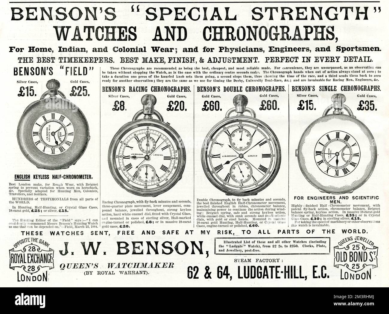 Advert for Bensons' pocket watches with roman numerals 1888 Stock Photo ...