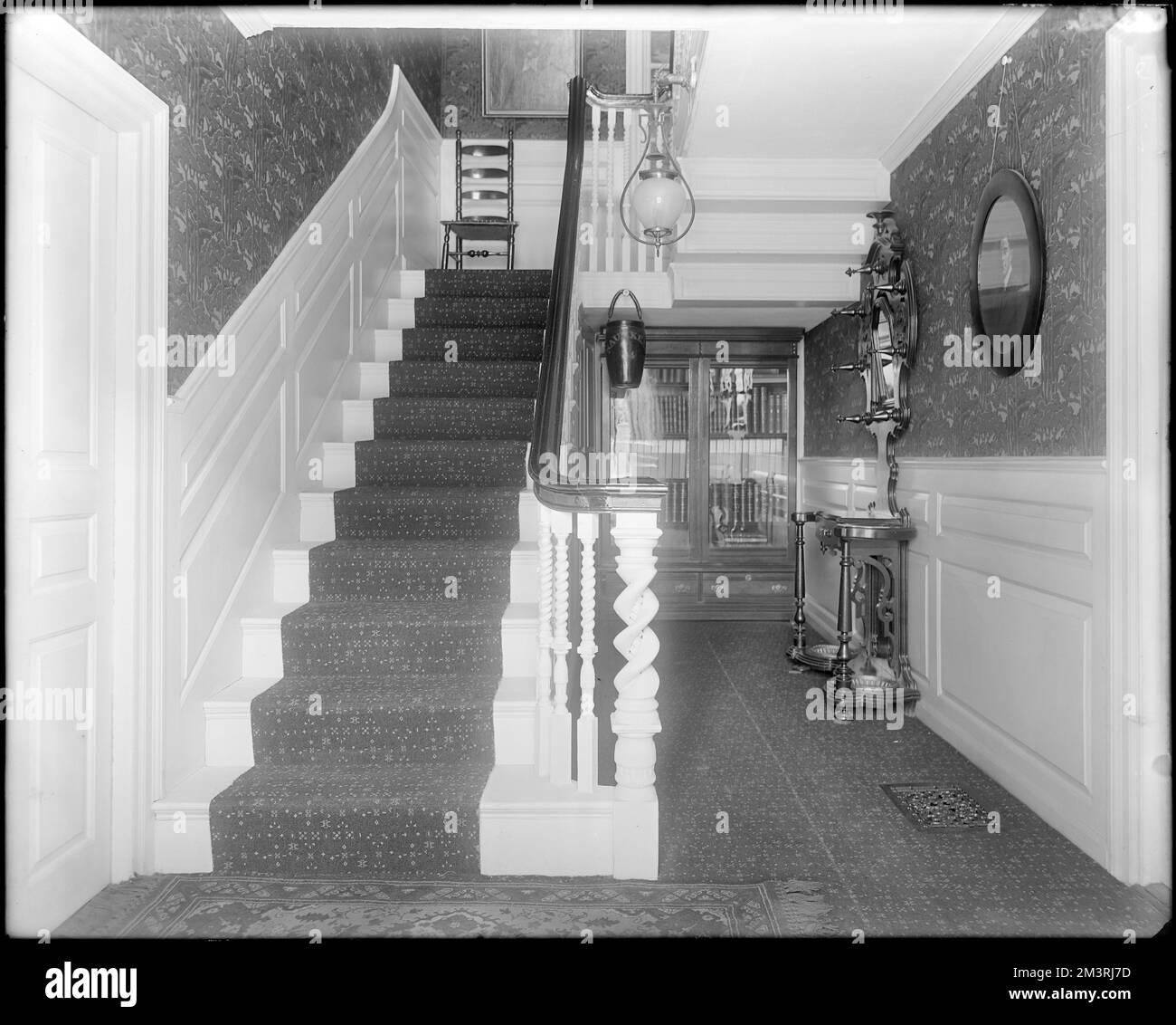 Salem, 93 Federal Street, interior detail, stairway and newel post ...