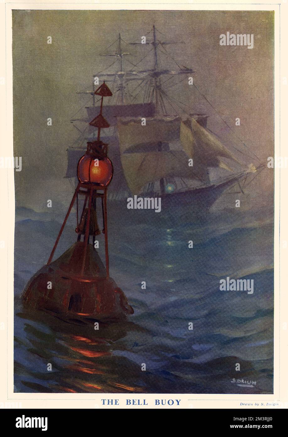 A bell buoy bobbing in foggy seas lights the way for a sailing ship ...