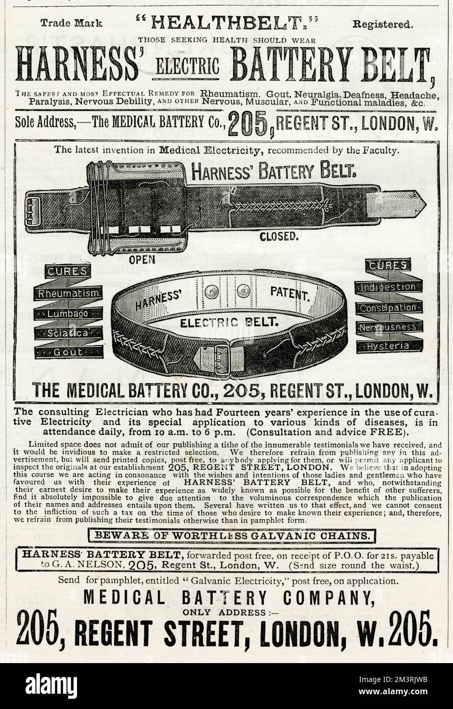 Advert for Harness Electric Battery Belt 1884 Stock Photo - Alamy