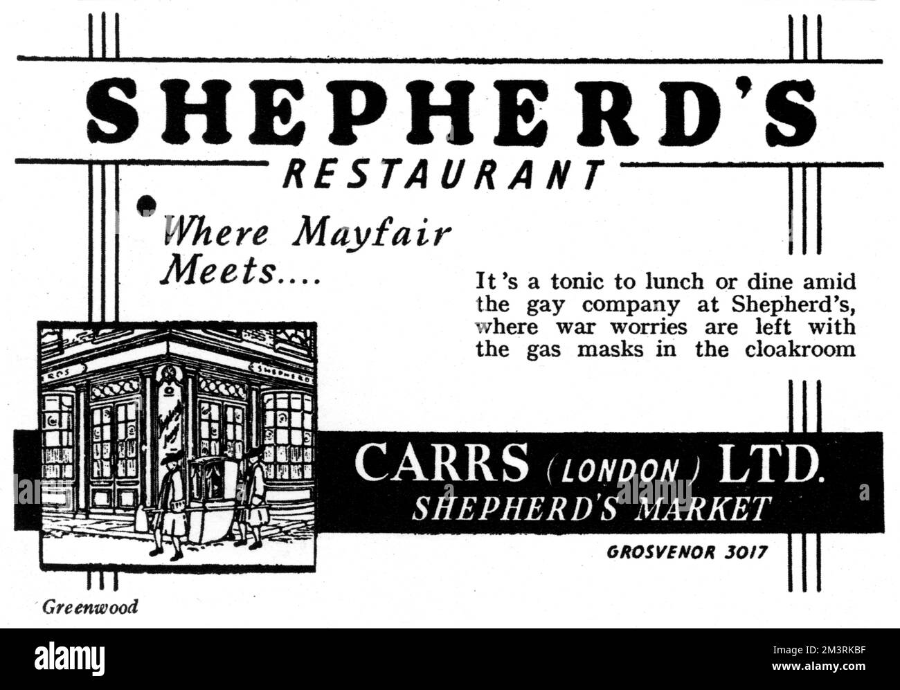 Wartime Advertisement for Shepherd's Restaurant, Grosvenor Stock Photo ...