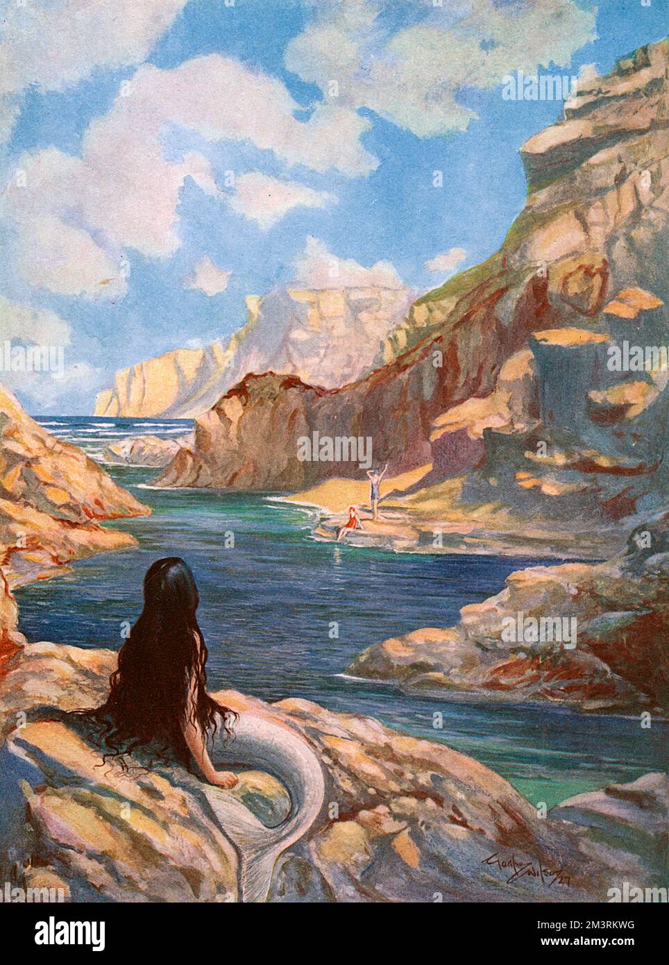 Intruders! By Godfrey Wilson, mermaid watching bathers Stock Photo - Alamy