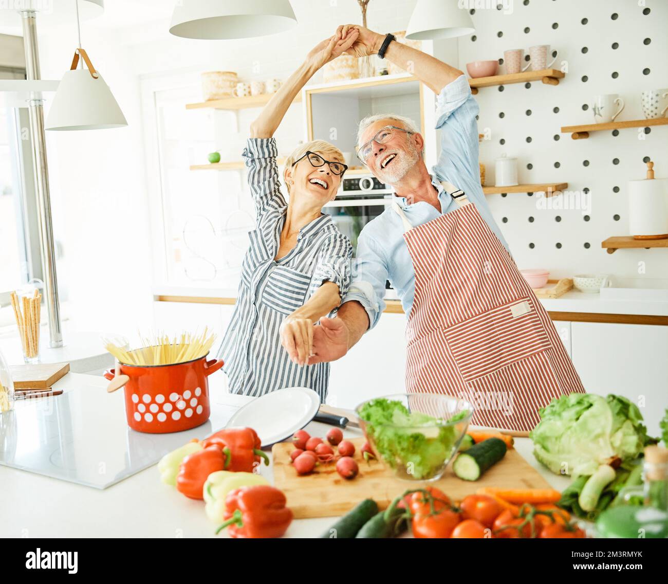 love kitchen senior woman man couple home retirement happy food smiling ...
