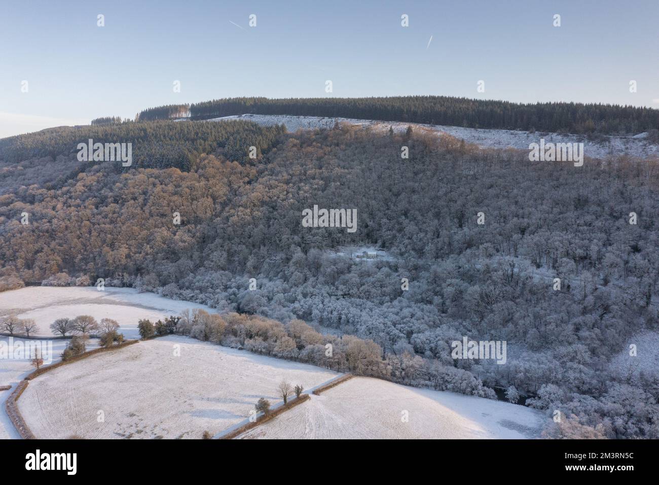 Aerial view of Cothi Valley covered in snow and frost, December 2022 ...